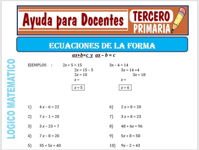 Ecuaciones de la Forma para Tercero de Primaria – Ayuda para Docentes