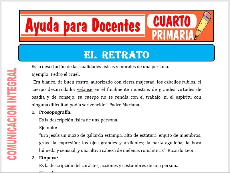 El Retrato para Cuarto de Primaria – Ayuda para Docentes