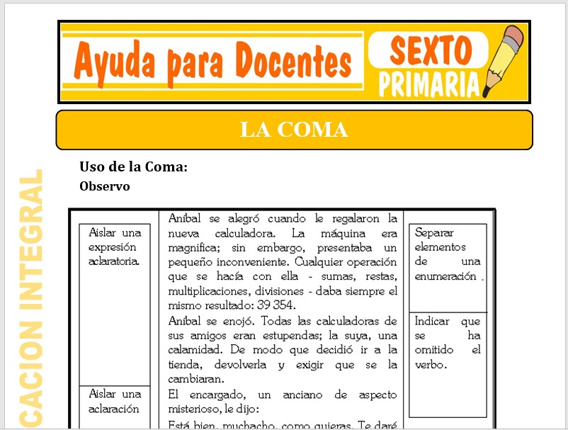 La Coma para Sexto de Primaria – Ayuda para Docentes